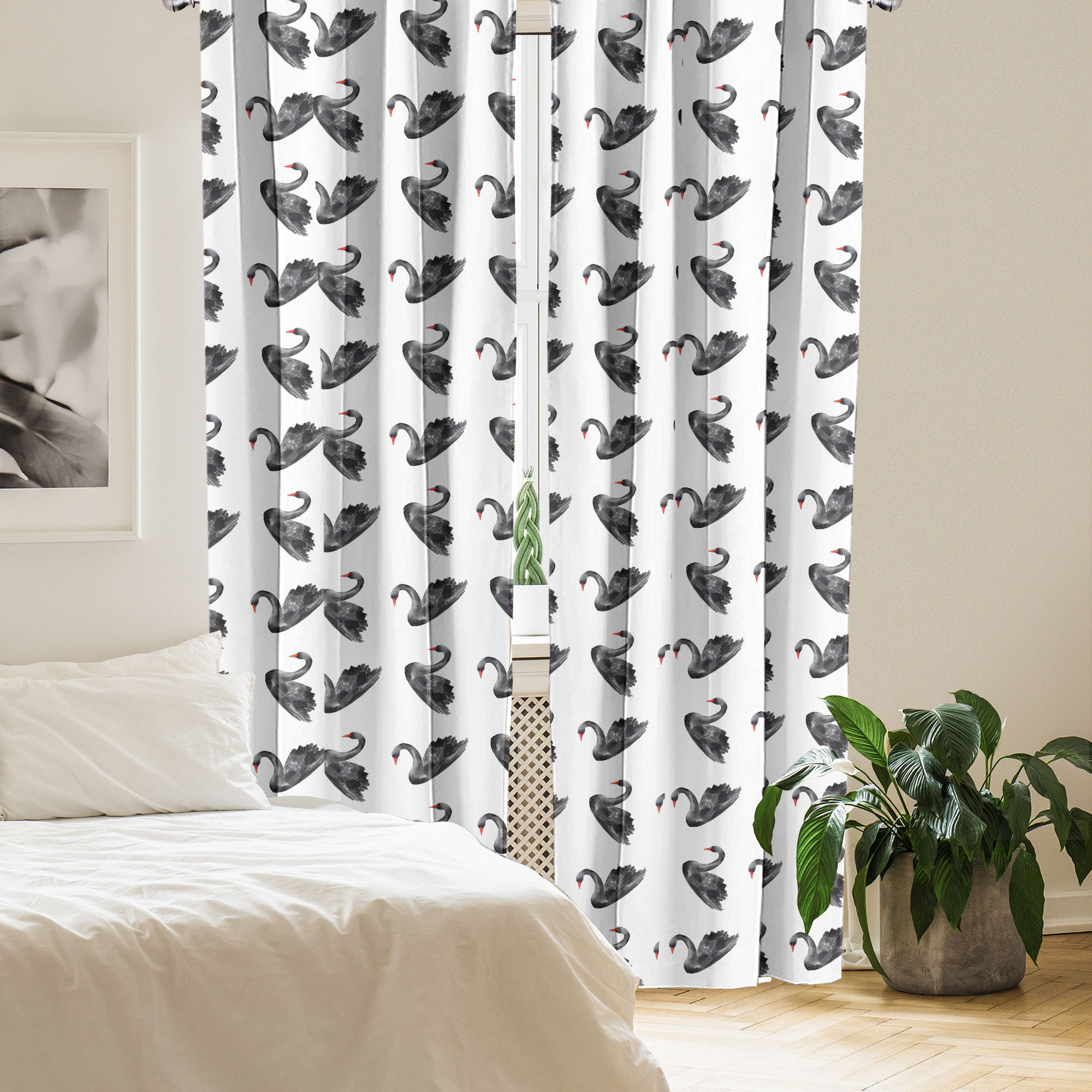 East Urban Home Swan 4-Panel Curtains, Aquarelle Black Birds Charcoal ...