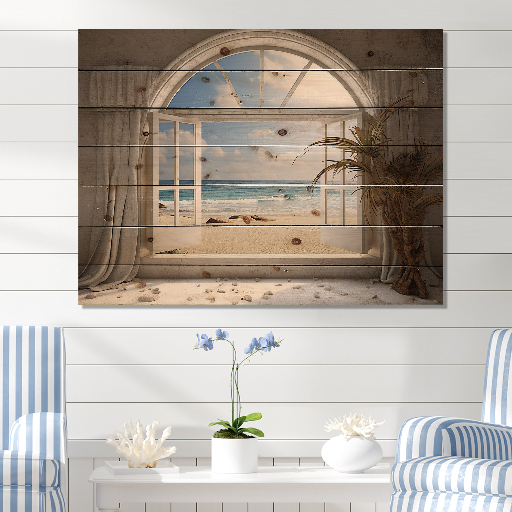Design Art Oceanview Through Open White Window - Coastal Wood Wall ...