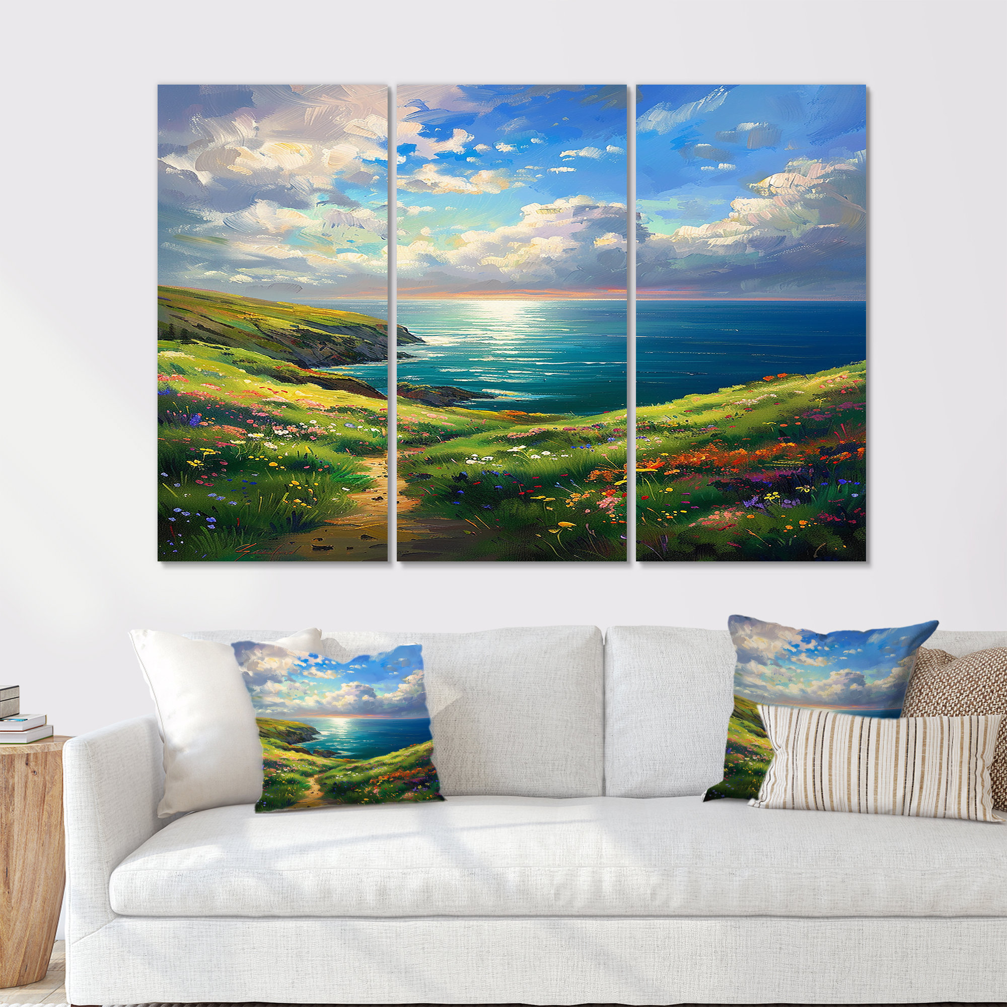 Design Art Flowerful Mountain Path To Blue Ocean White Sky - River ...