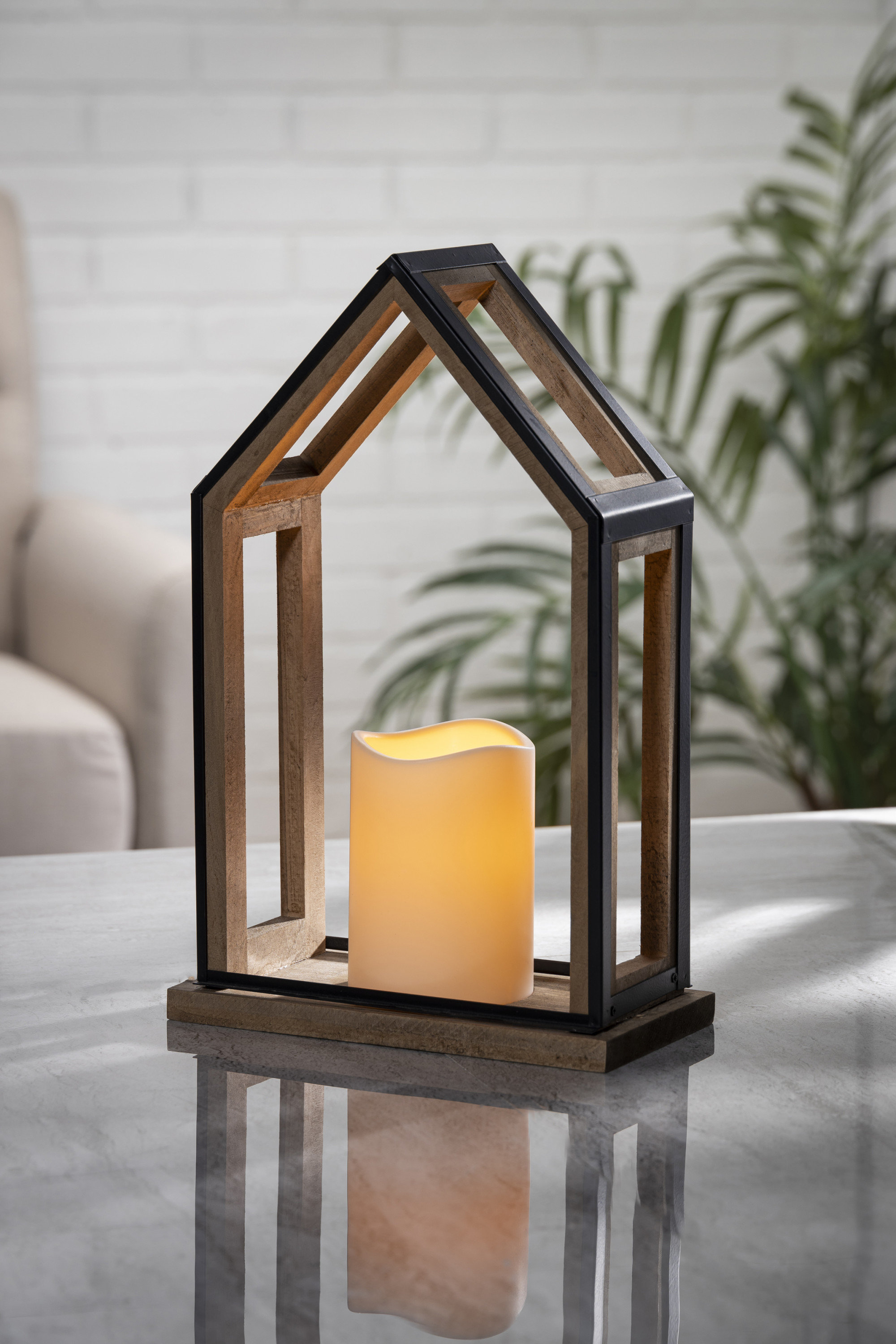17 Stories 12.4 In H Battery Operated Wood Lantern With A 3X4.5 In H ...