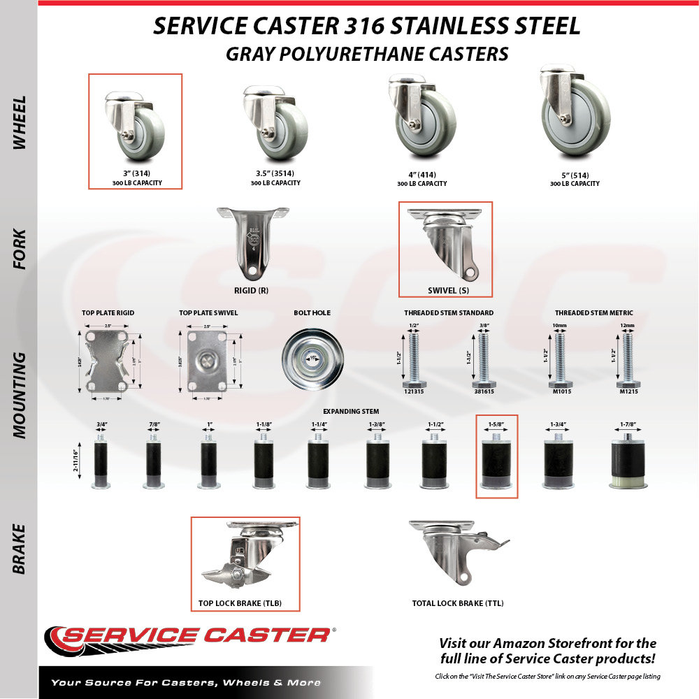 Service Caster Poly Swivel Expanding Stem Caster Set with 2 Lock Brake ...