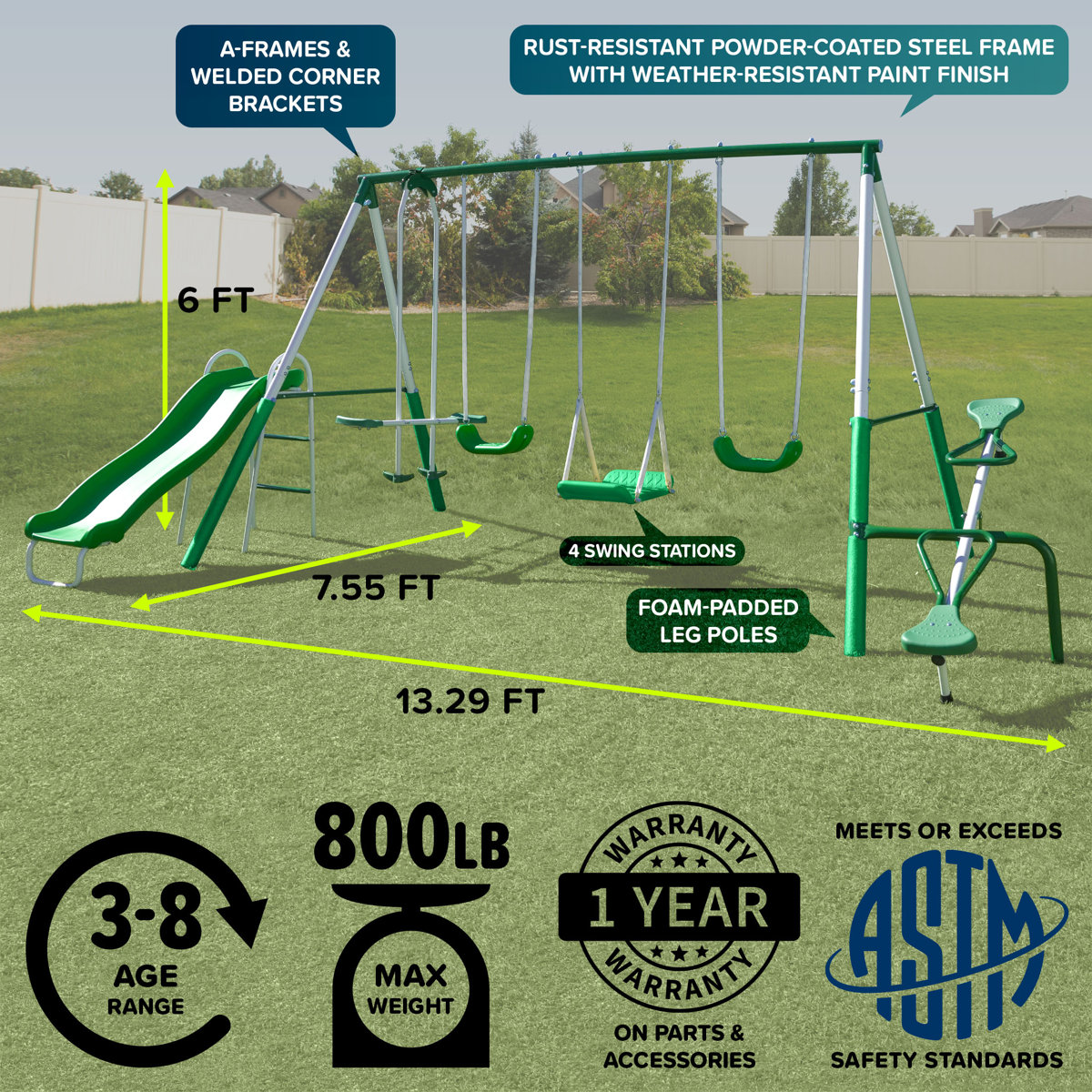 Sportspower Park Ridge Metal Swing Set With 2 Swings, Standing Swing, 2 ...
