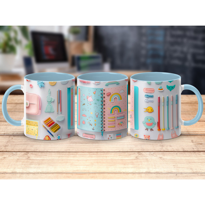 East Urban Home Set of 3 Kids Drawing Style 11oz Accent Mugs – White ...