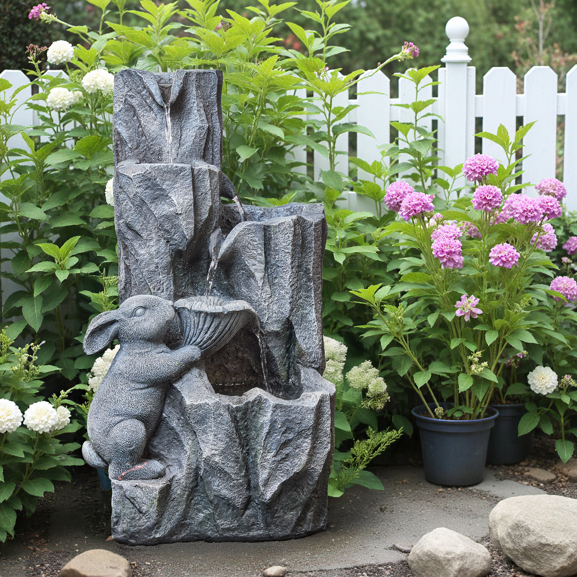 August Grove Polyresin Tiered Rock Rabbit Statue Fountain With LED ...