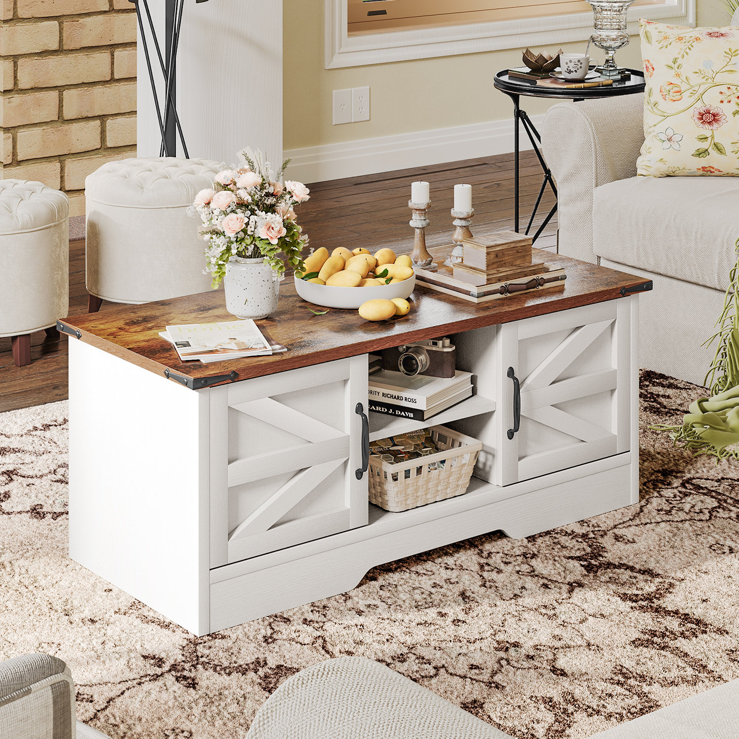 Gracie Oaks Gaylene 40" Coffee Table with Barn Doors Storage Cabinets ...