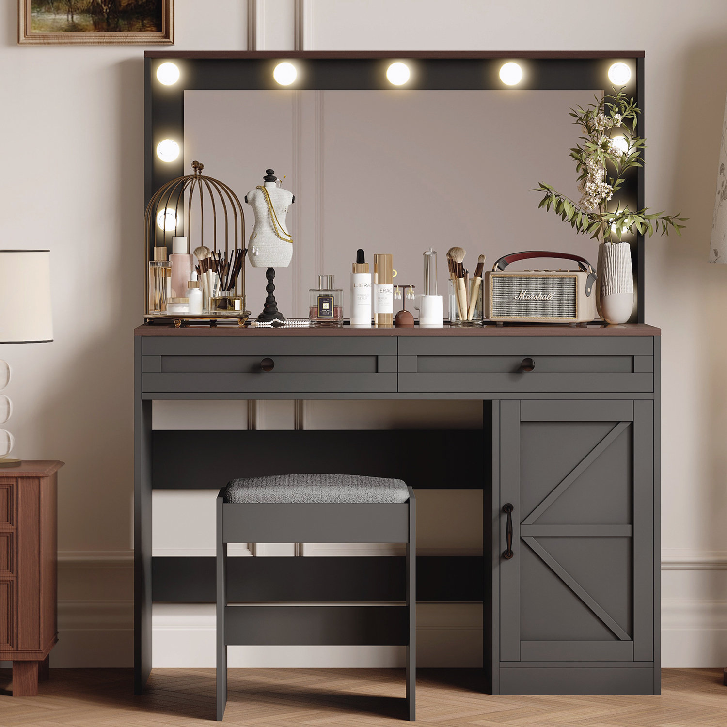 Gracie Oaks Makeup Vanity Table, Makeup Table with Large Mirror and LED ...