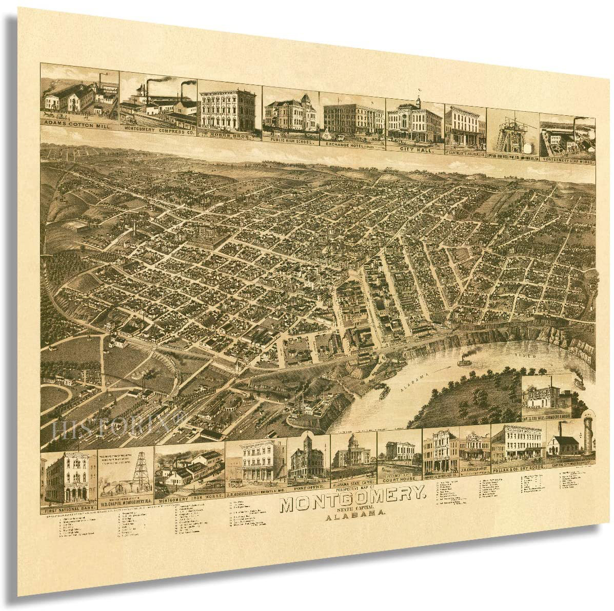 HISTORIC PRINTS HISTORIX Vintage 1887 Montgomery Alabama Map Poster ...