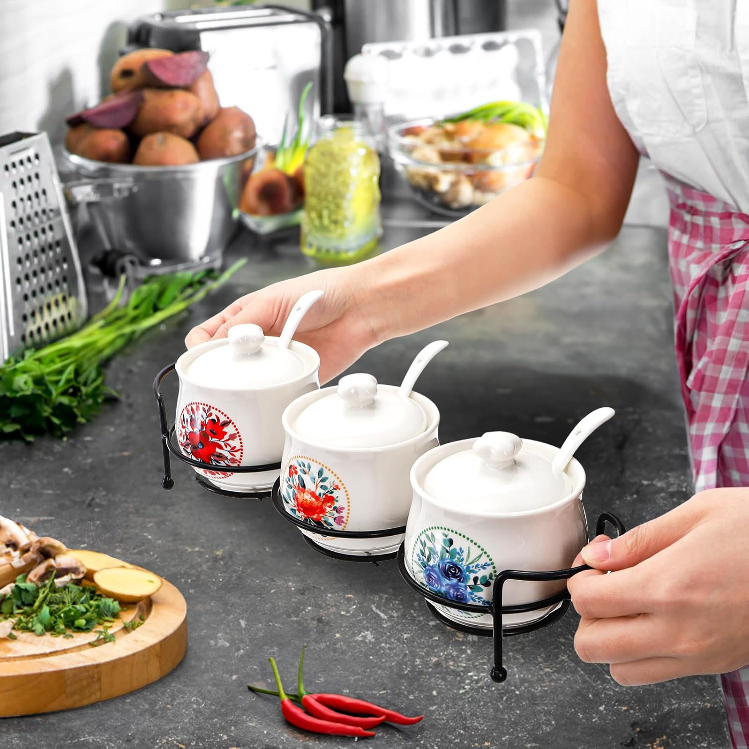 Lark Manor™ 3 Pack Ceramic Spice Jars, 7.5 OZ Condiment Pots With Lids ...