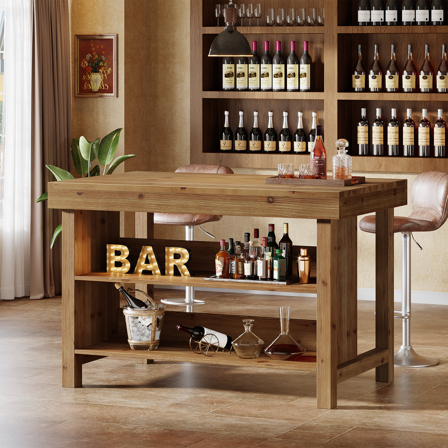 17 Stories 3-Tier Solid Wood 55-Inch Bar Table | Wayfair