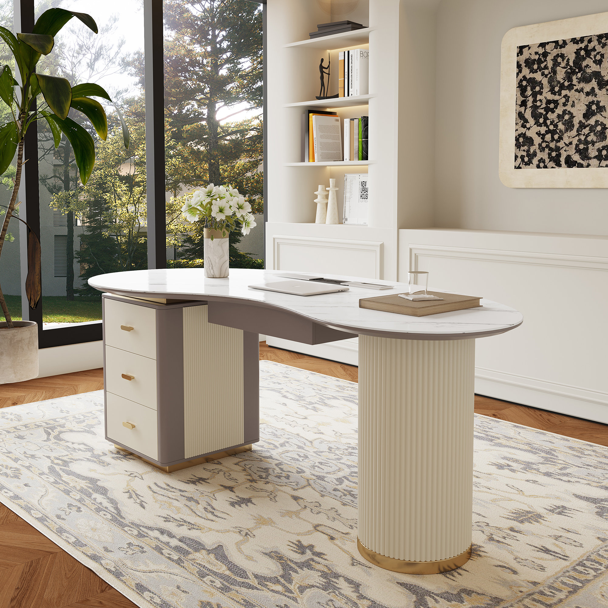 Everly Quinn Clowie 63'' W Luxury Modern Executive Desk - Oval Marble ...