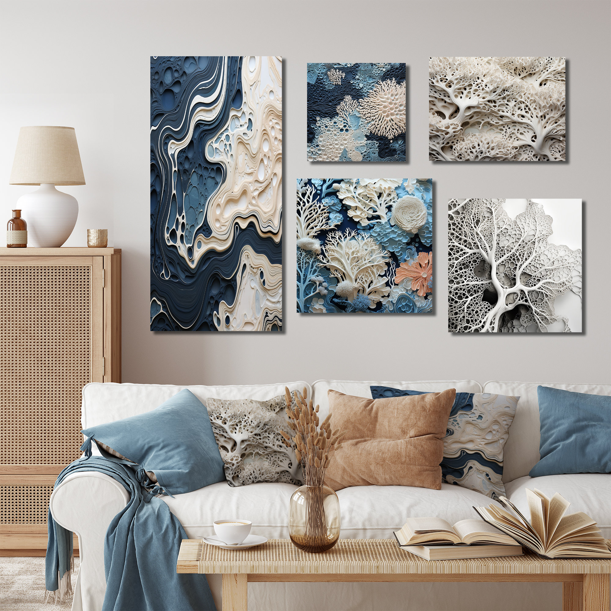 Ivy Bronx Abstract Cream And Blue Liquid Paint - Coastal Canvas Prints ...