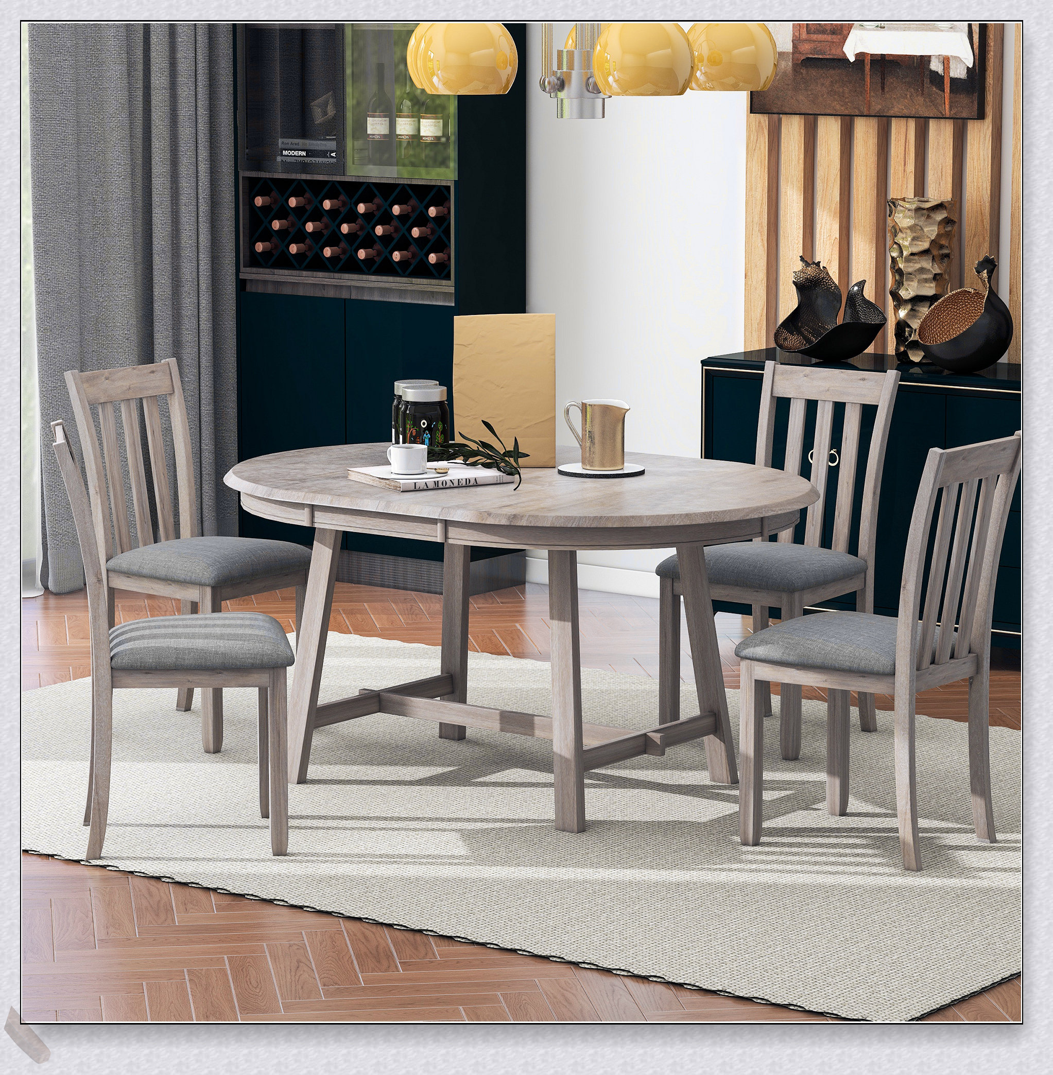 Latitude Run® 5-Piece Wood Dining Table Set with Extendable Round Table ...