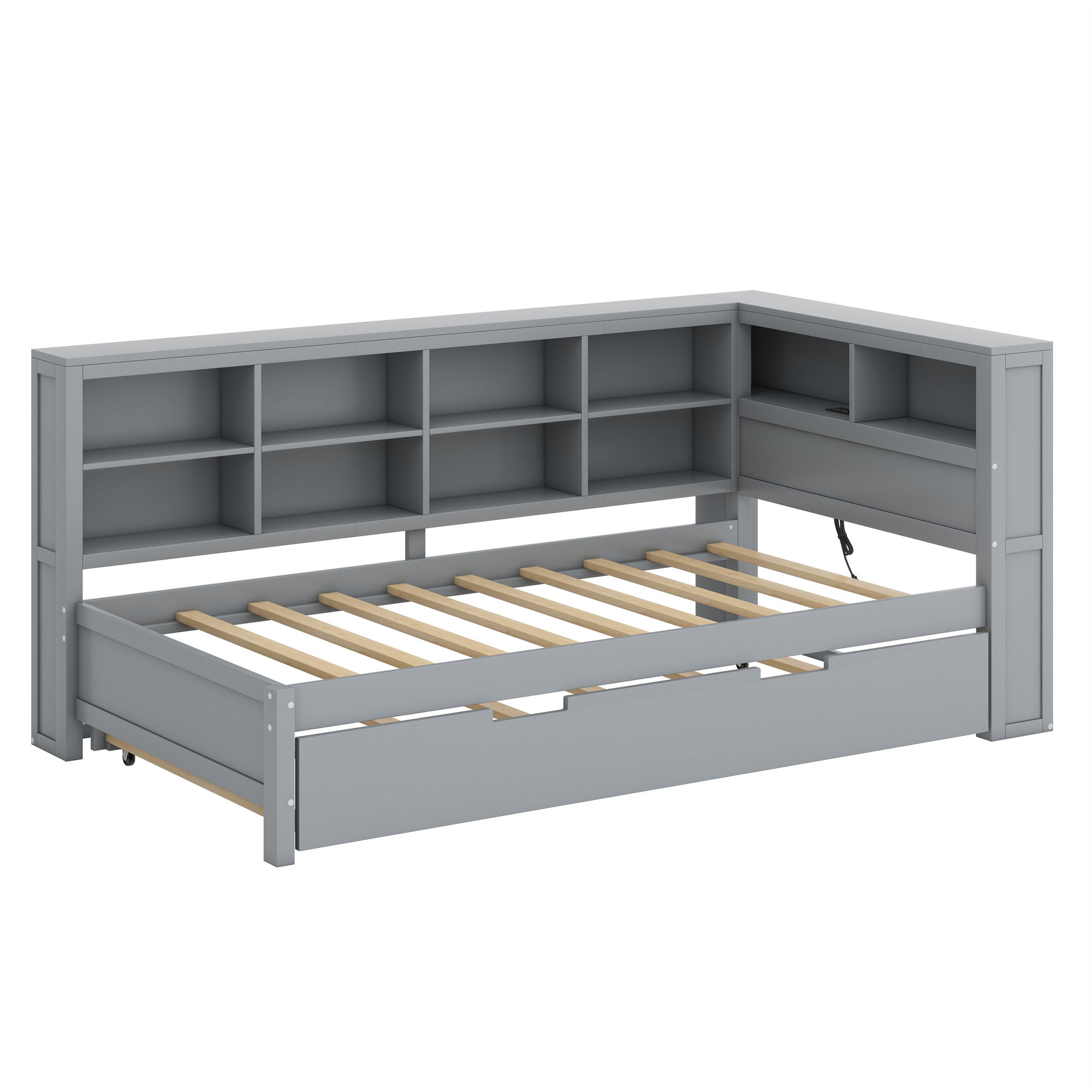 Lark Manor Wooden Daybed With Trundle, Daybed With Storage Shelf And ...