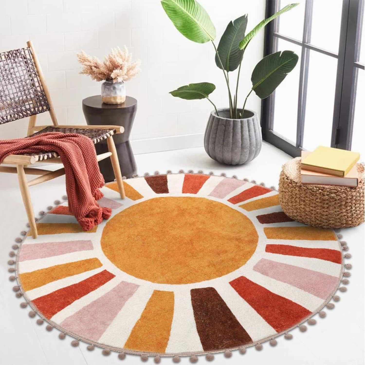 Hokku Designs Round Boho Rug 4Ft Sun Circular Rug | Wayfair
