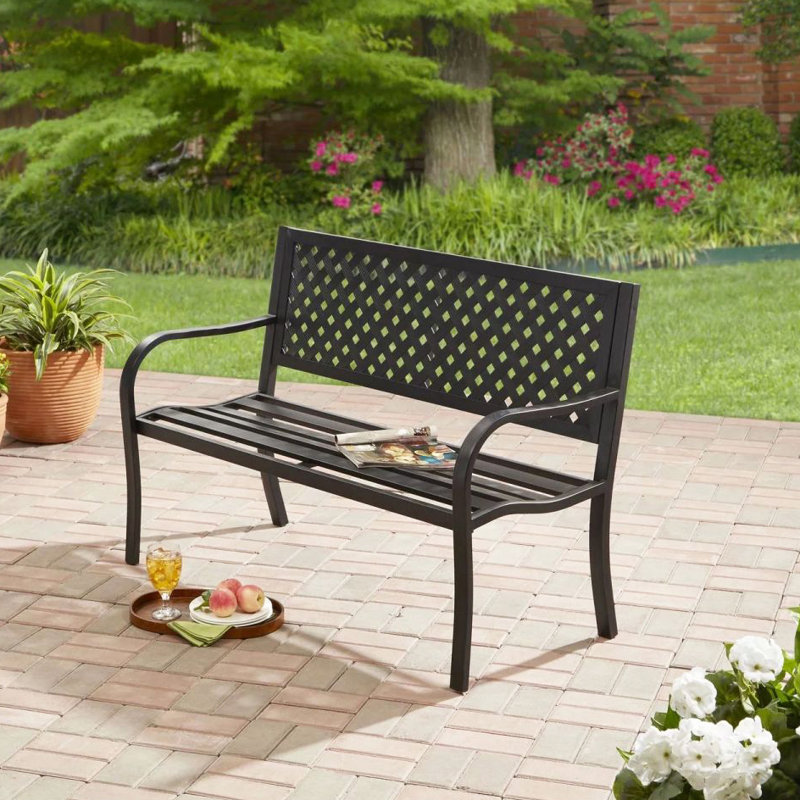 Red Barrel Studio® Lattice High Back Slat Seat Steel Outdoor Bench ...