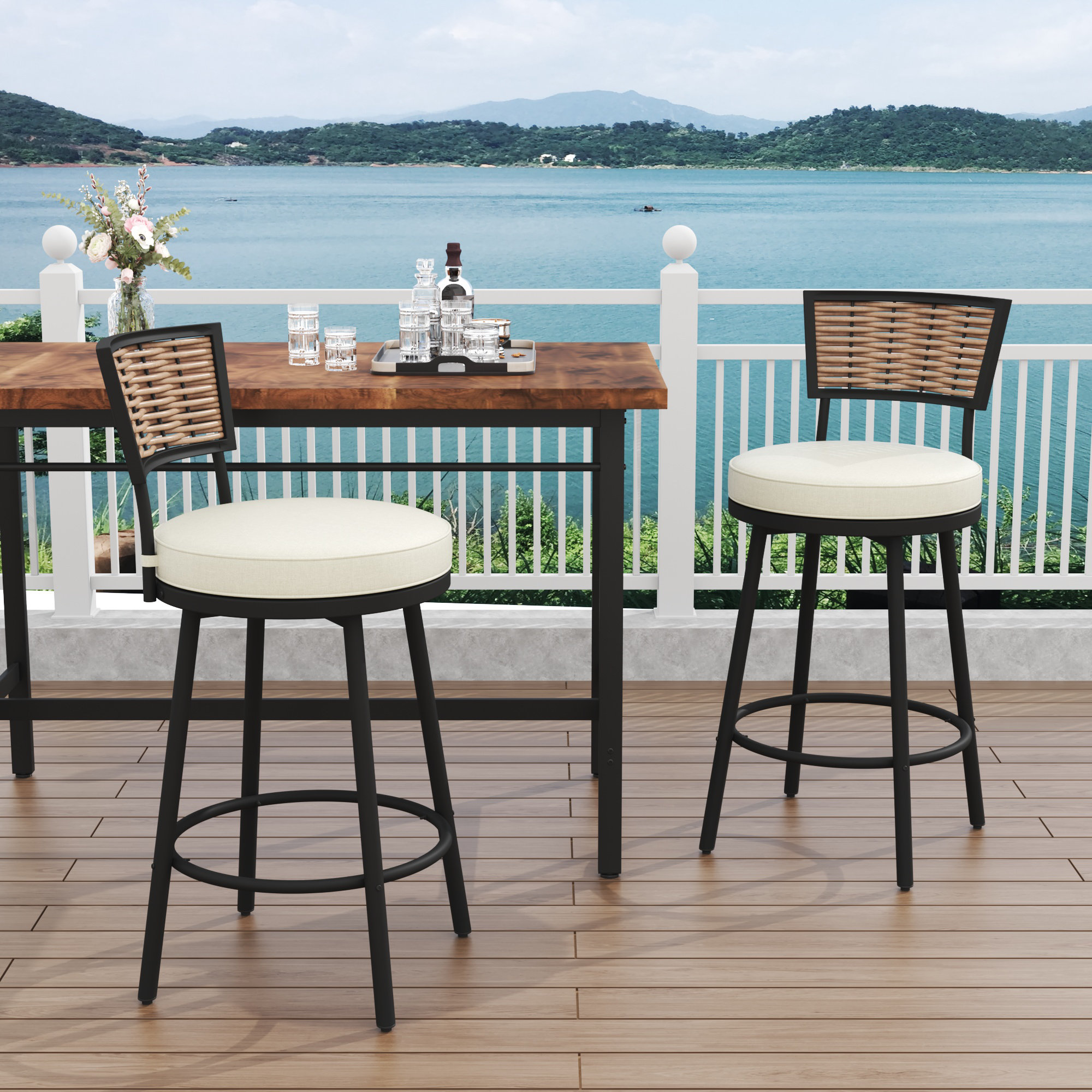 Bay Isle Home™ Swivel Outdoor Bar&Counter Stool with Cushion(Set of 2 ...
