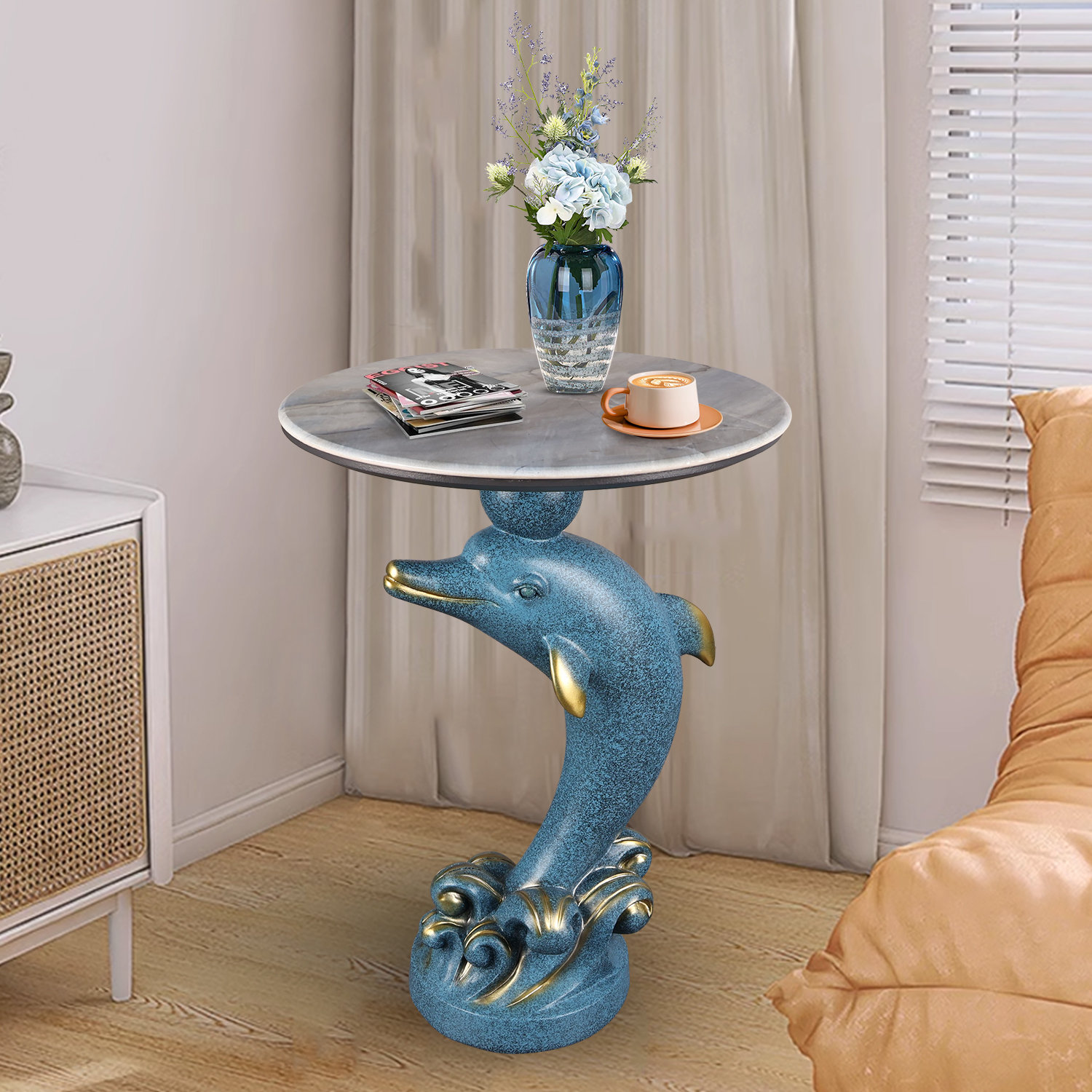 Orren Ellis Modern End Table Living Room - Dolphin Statue Base Small ...