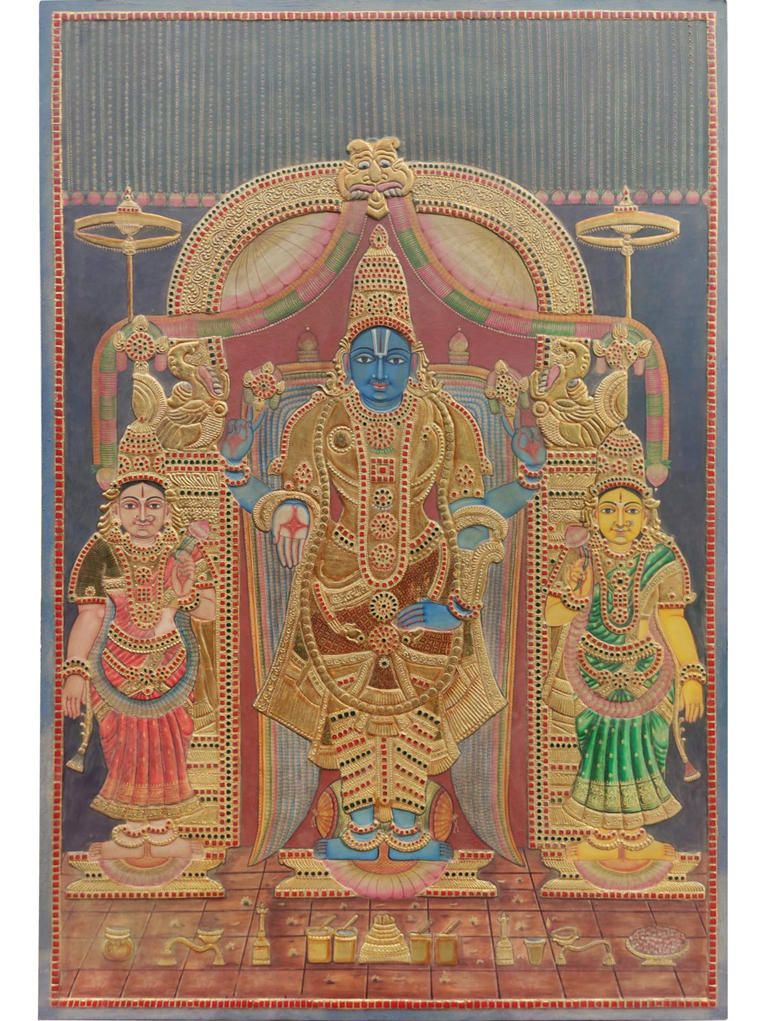 Exotic India Standing Lord Vishnu with Sridevi and Bhudevi |Tanjore ...