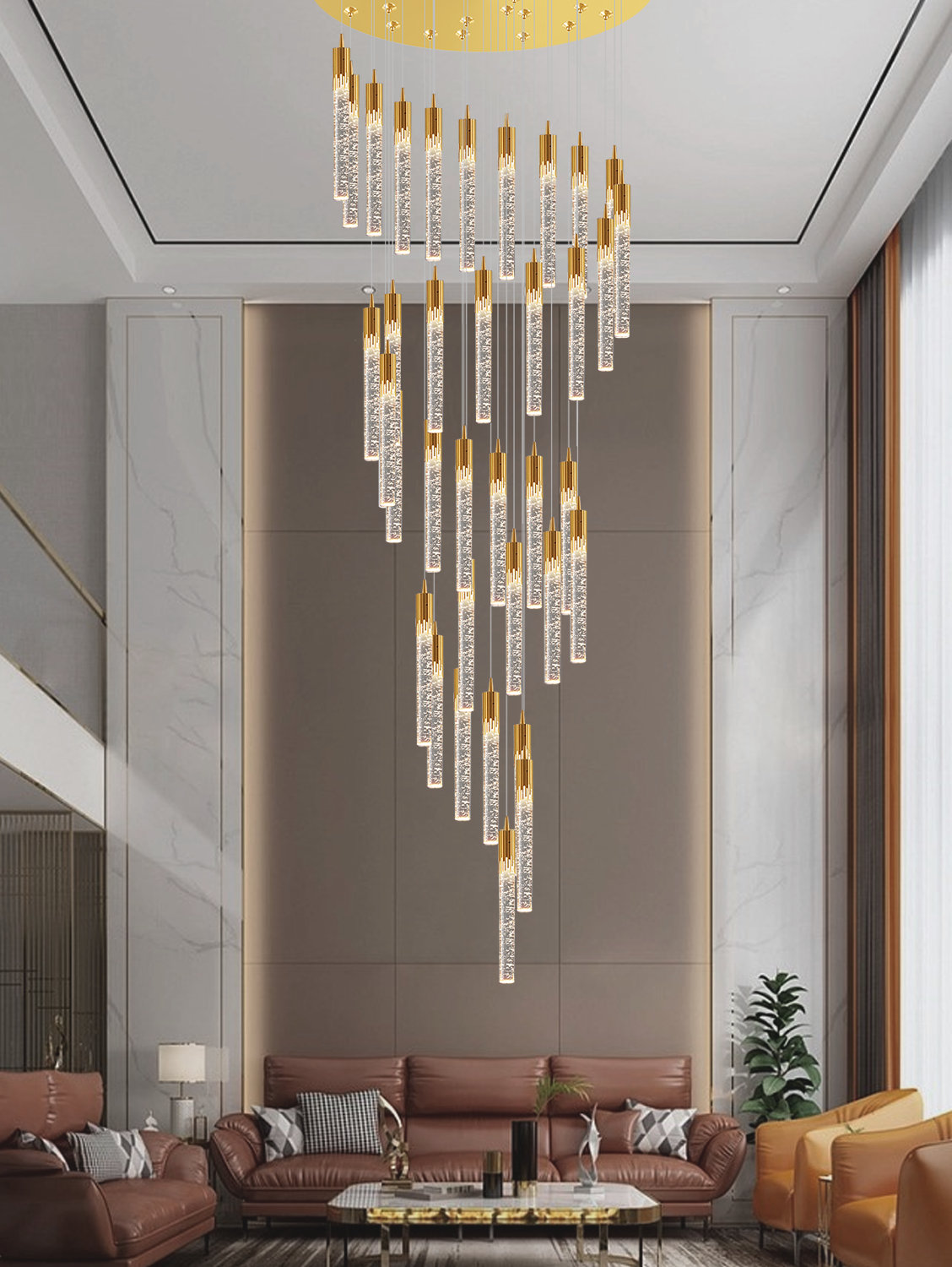 Orren Ellis Adelo 12.5ft Gold 36-Lights Staircase Crystal Chandeliers ...