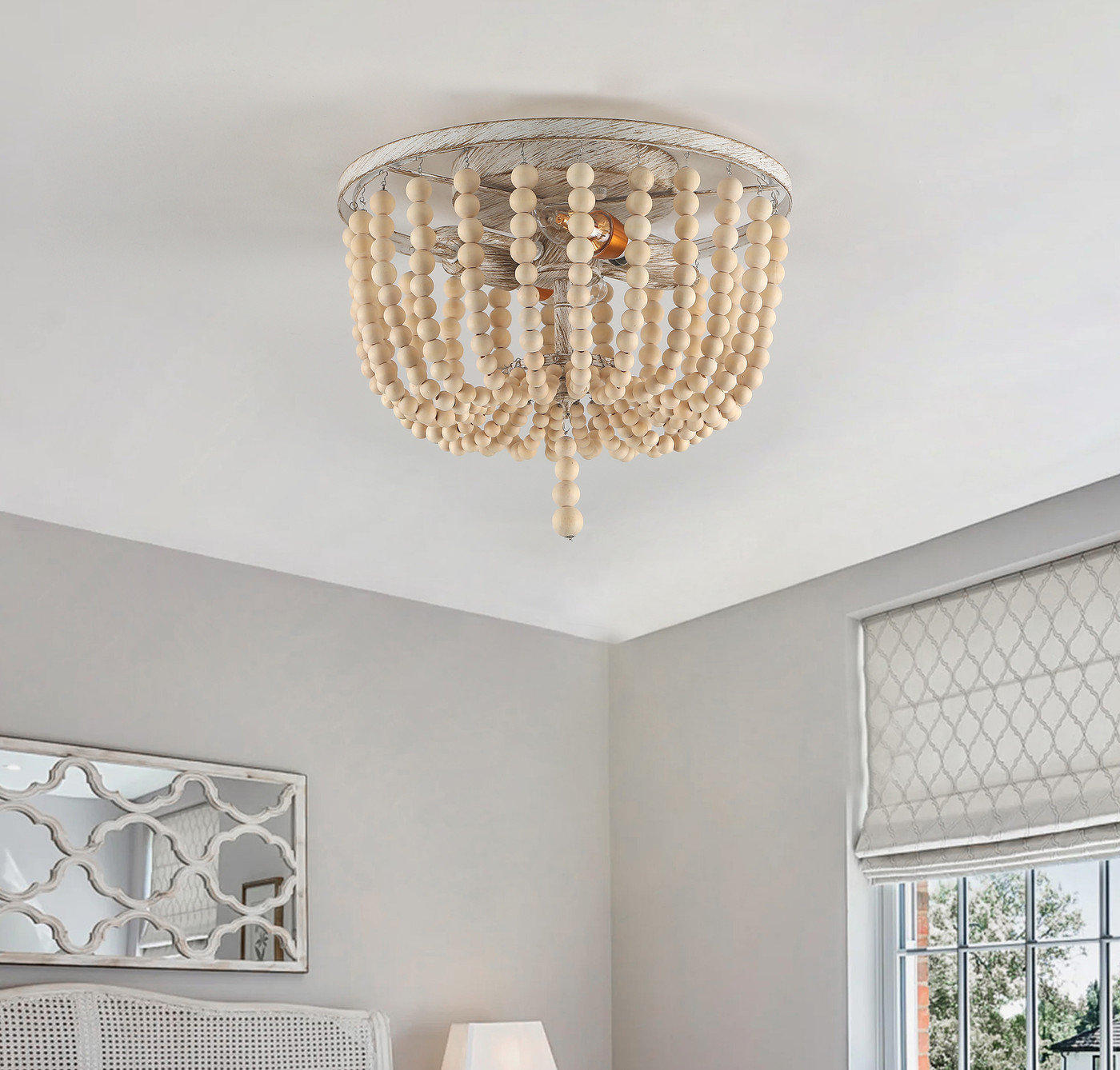 Mistana™ Edelen 2 - Light Wood Beads Farmhouse Dimmable 12.6" Flush ...