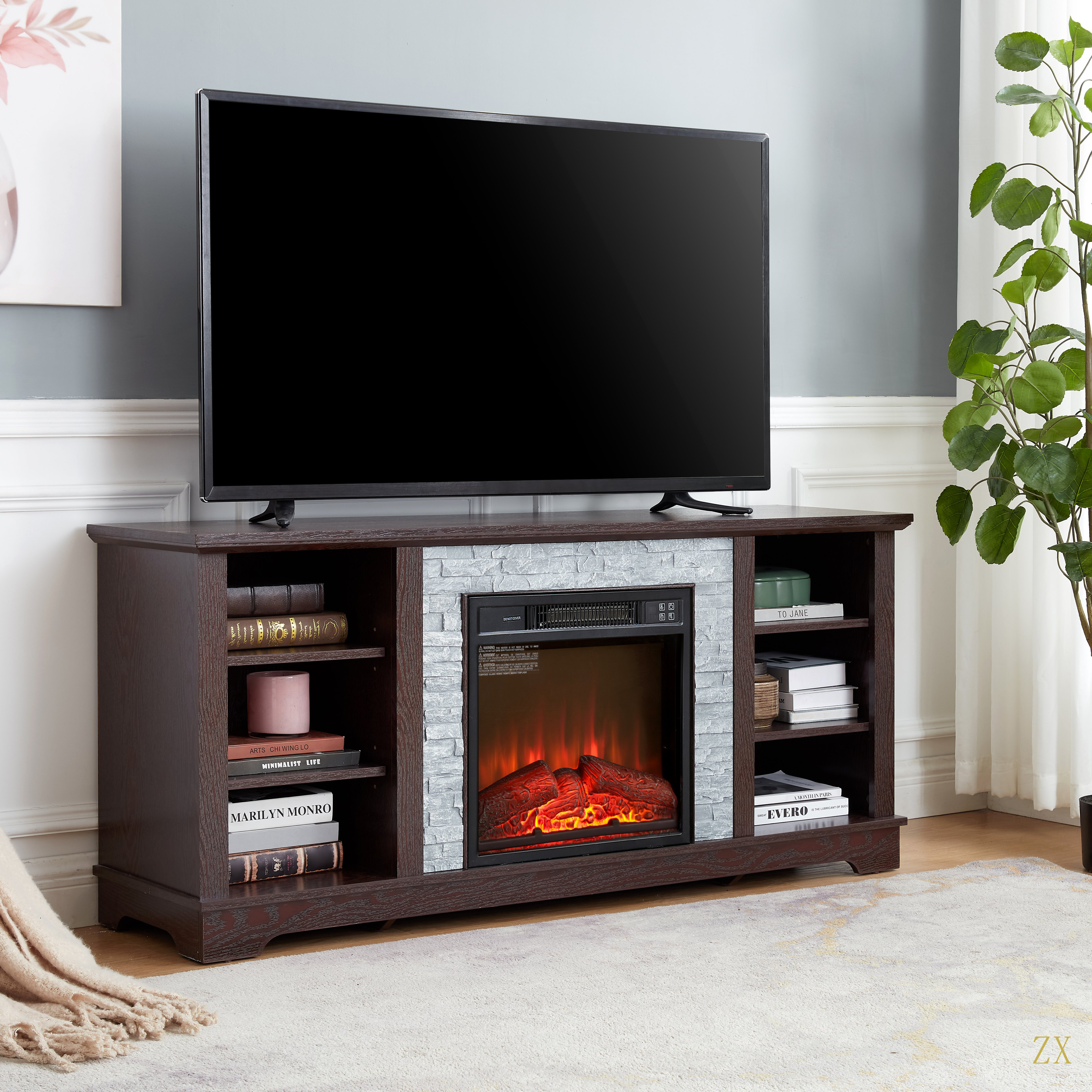 Ophelia & Co. Mantel Electric Fireplace Stone TV Media Stand, Open ...
