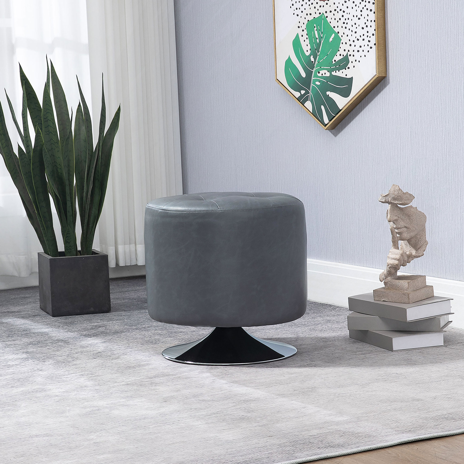 Latitude Run® 360° Swivel Foot Stool Round PU Ottoman with Thick Sponge ...