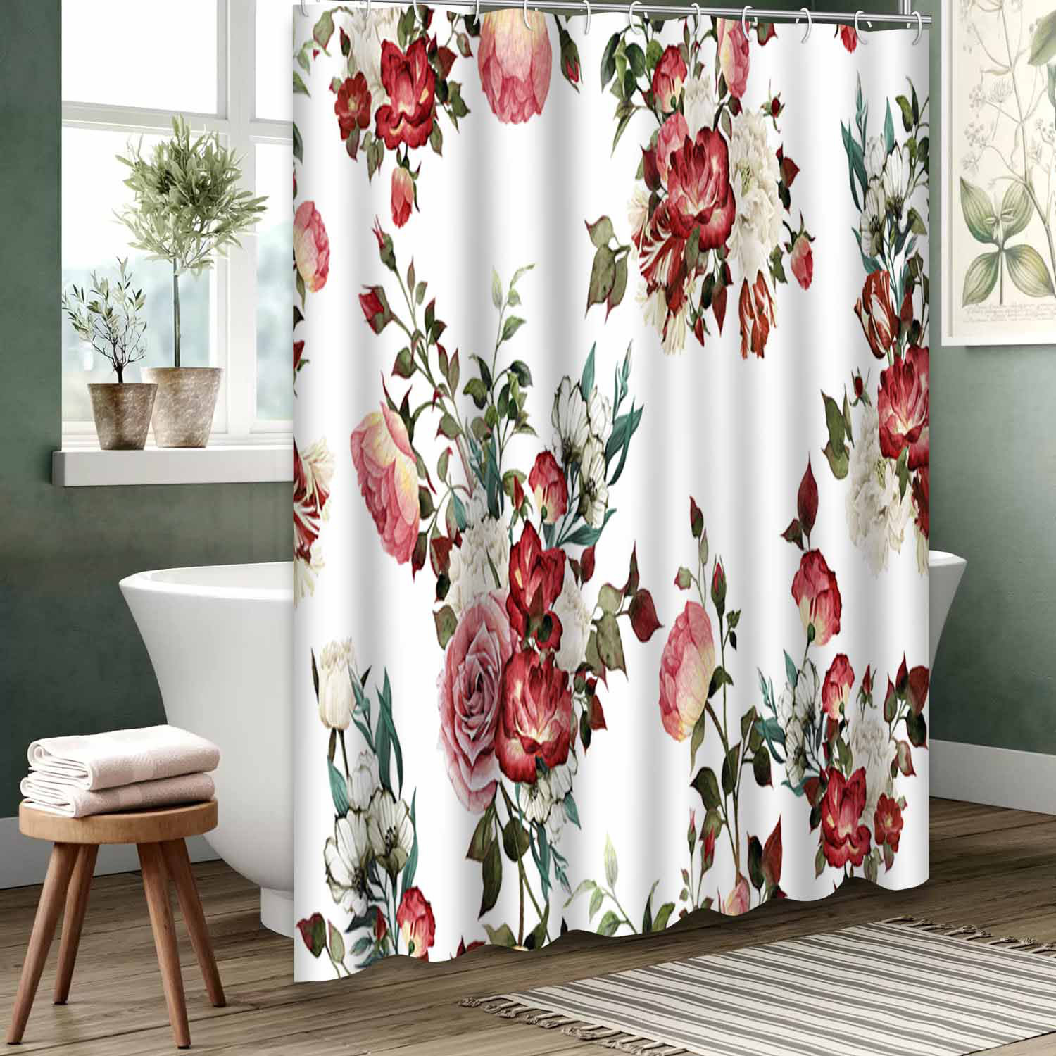 East Urban Home Waterproof Shower Curtain,Floral with Roses Watercolor ...