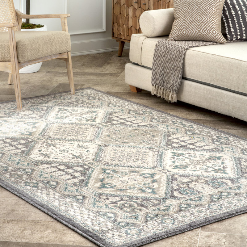 Bungalow Rose Joslyn Traditional Tiled Performance Gray/Blue Rug ...
