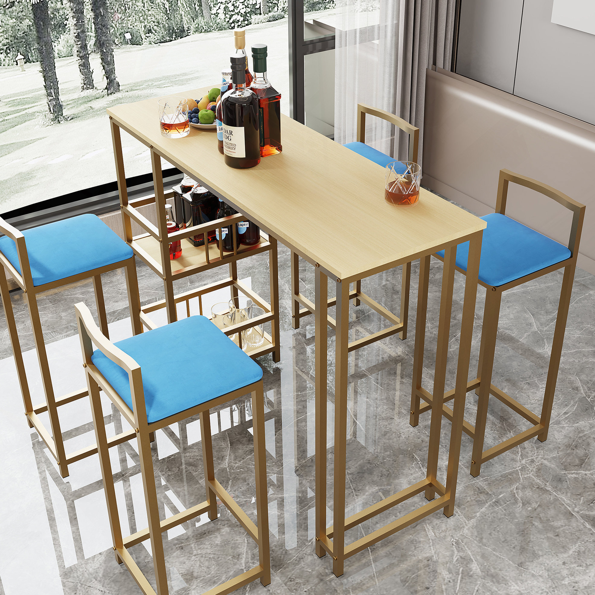Everly Quinn Bar table and chair five piece set, gold frame, multi ...