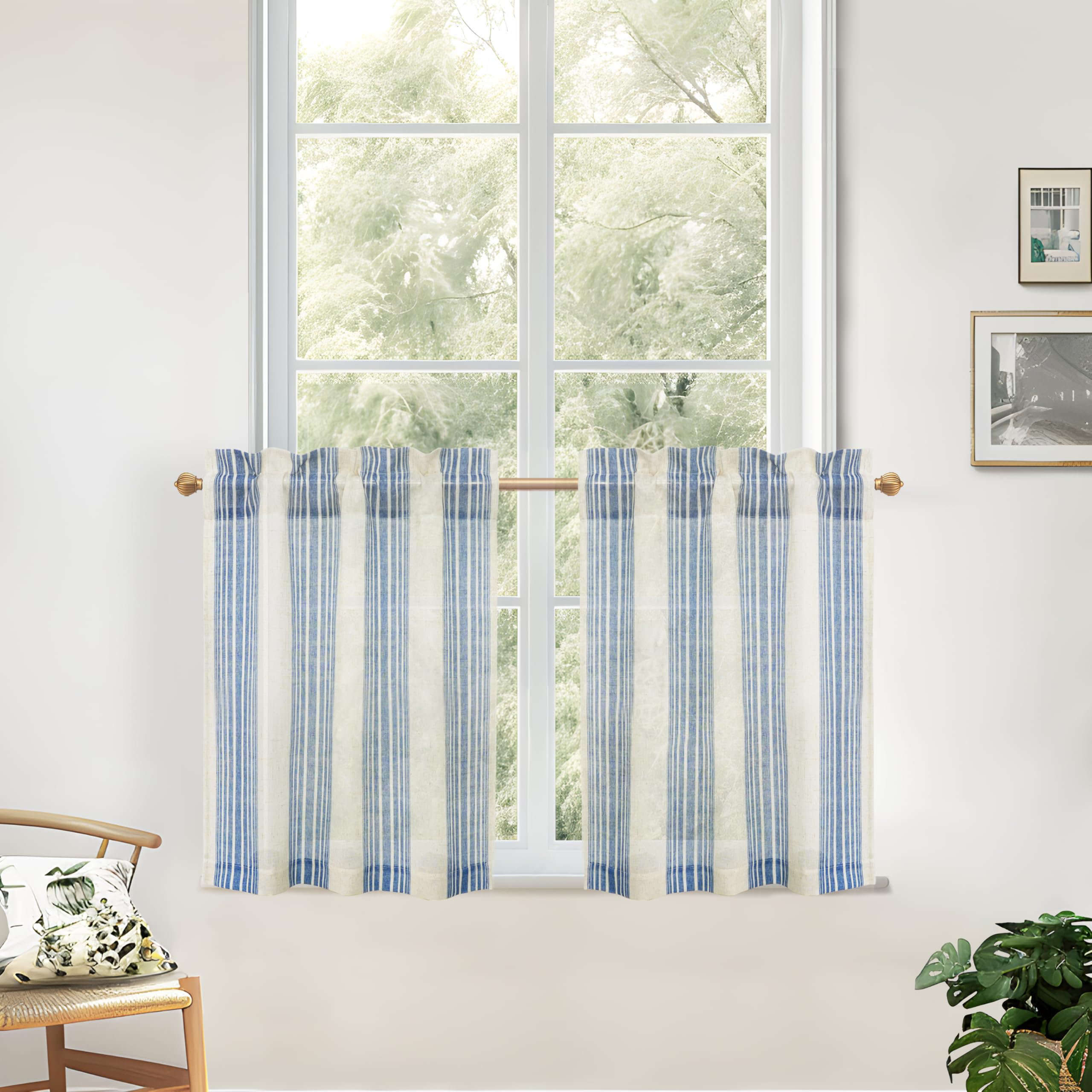 Gracie Oaks Kitchen Curtains Striped Tier Linen Short Curtains ...