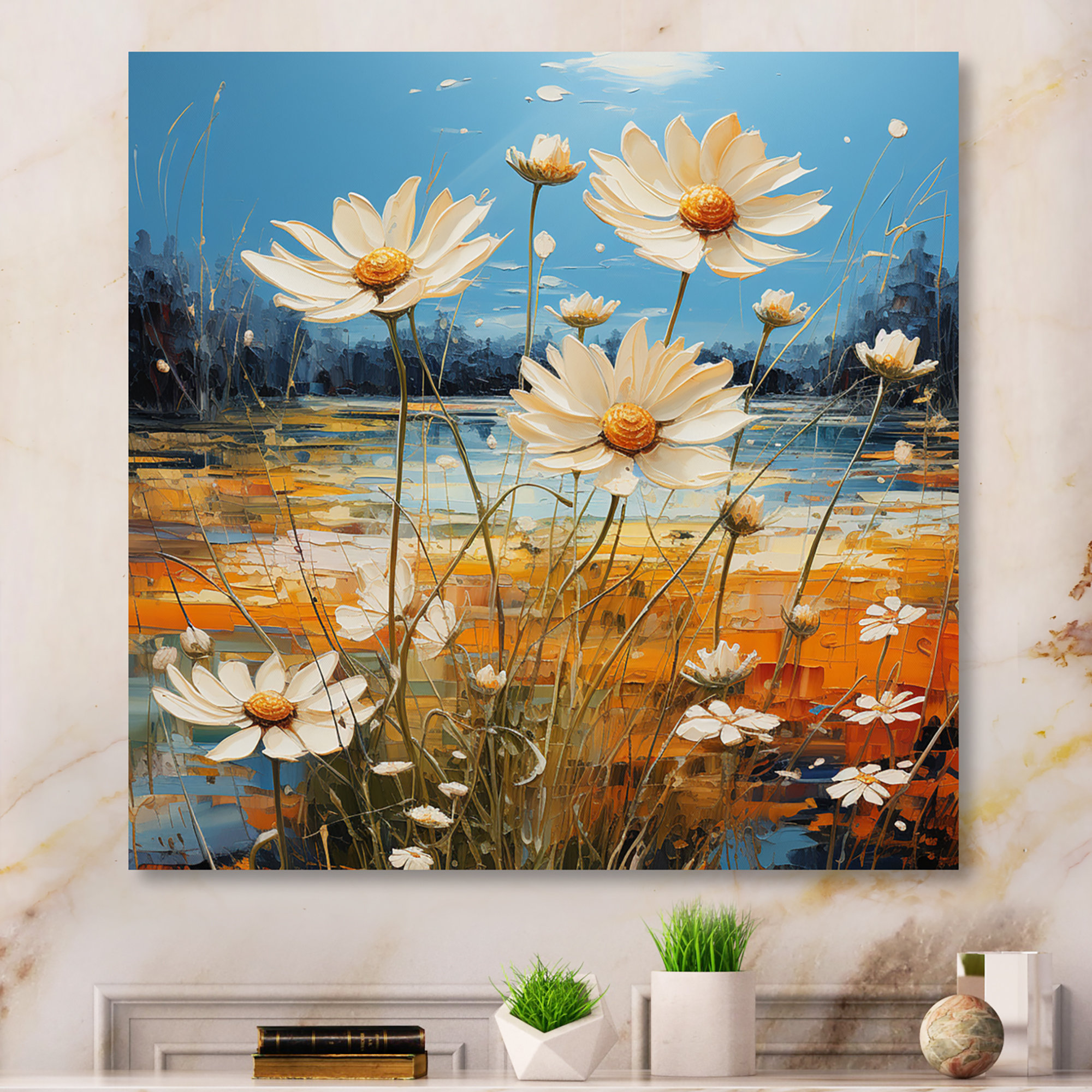 Red Barrel Studio® White and Teal Daisy Serenade III - Print | Wayfair
