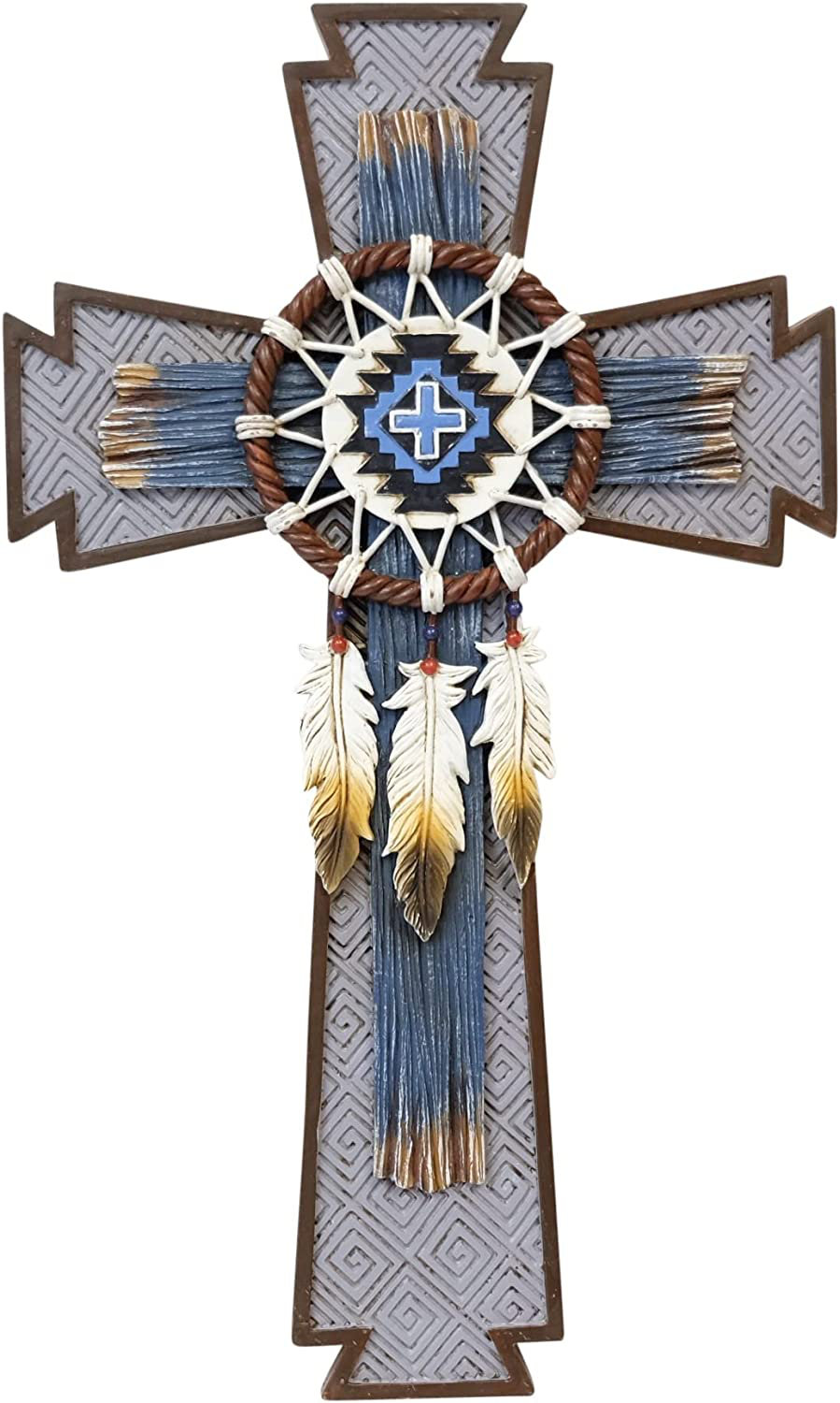 Trinx Faux Wood Stacked Cross with Feather Dream Catcher Accent Hanging ...