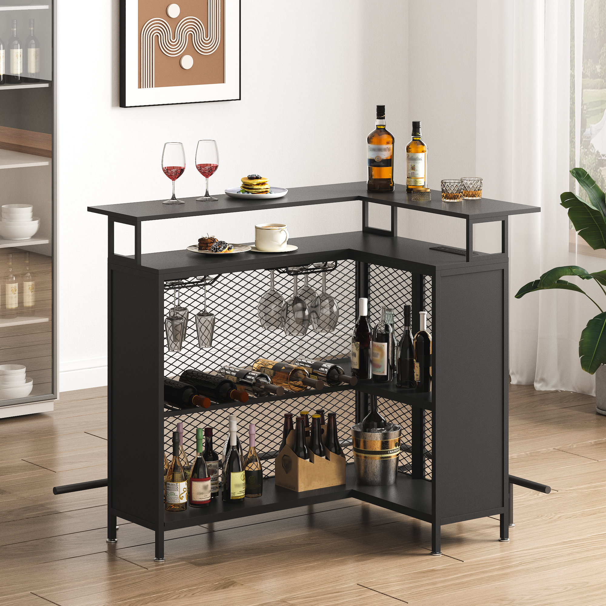 Wrought Studio™ L Shaped Bar Cabinet, 4-tier Bar Table With Wine Rack ...