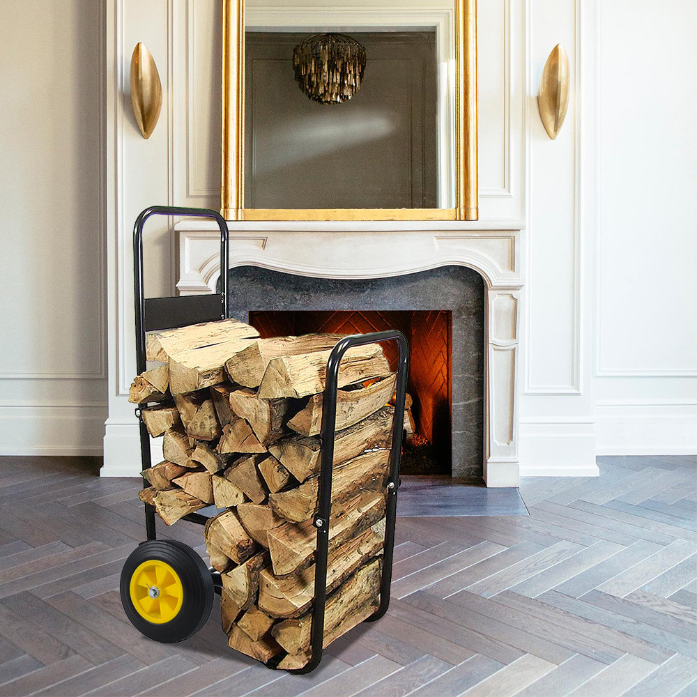BESTCOSTY Black Steel Firewood Log Cart Carrier Wood Storage Mover ...