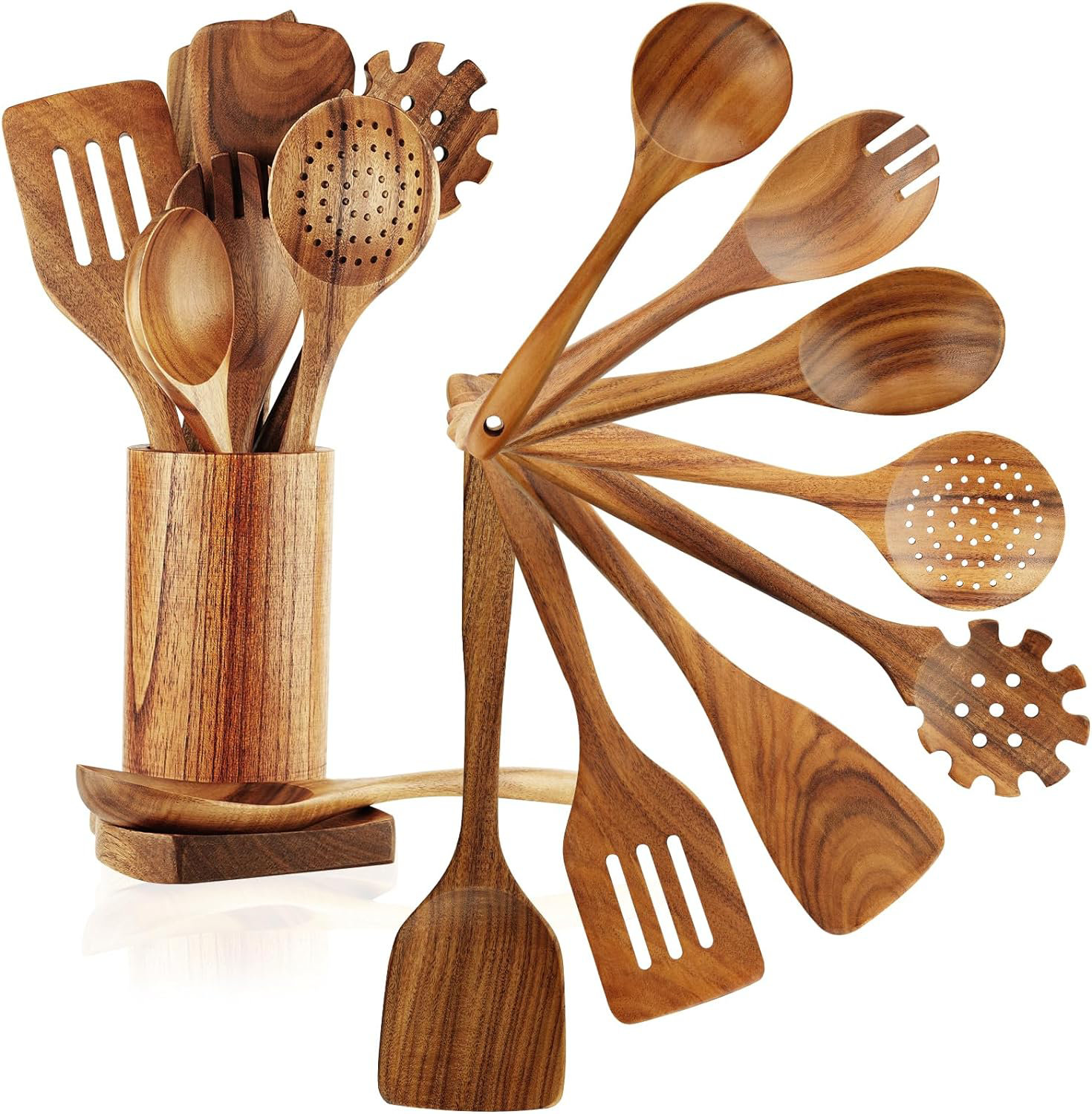 wuyi 10-Piece Teak Wooden Cooking Utensil Set With Holder, Non-Scratch ...