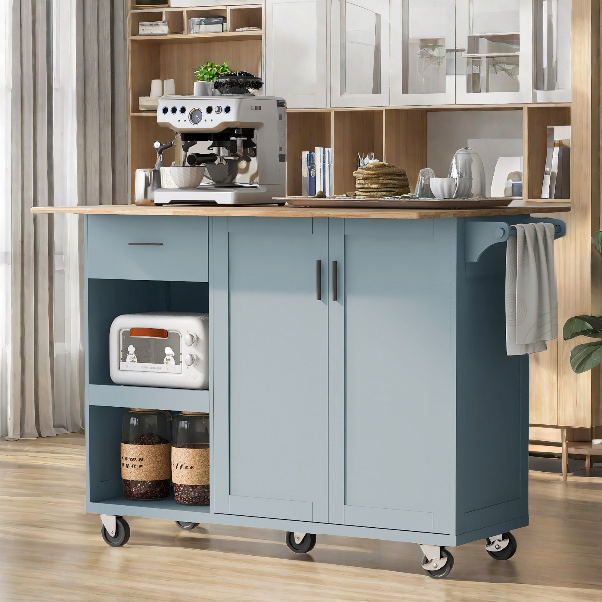Latitude Run® Rolling Kitchen Island With Foldable Counter Top, Slide ...