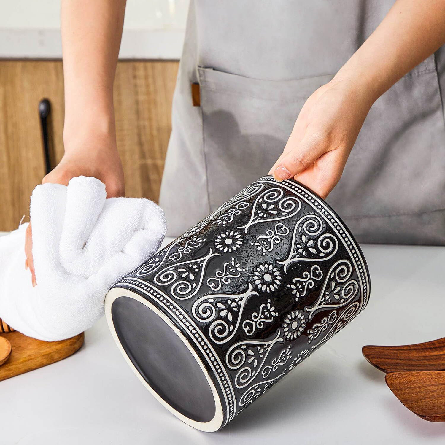 Astoria Grand Black Heavy Ceramic Utensil Holder, 7" Extra Large ...