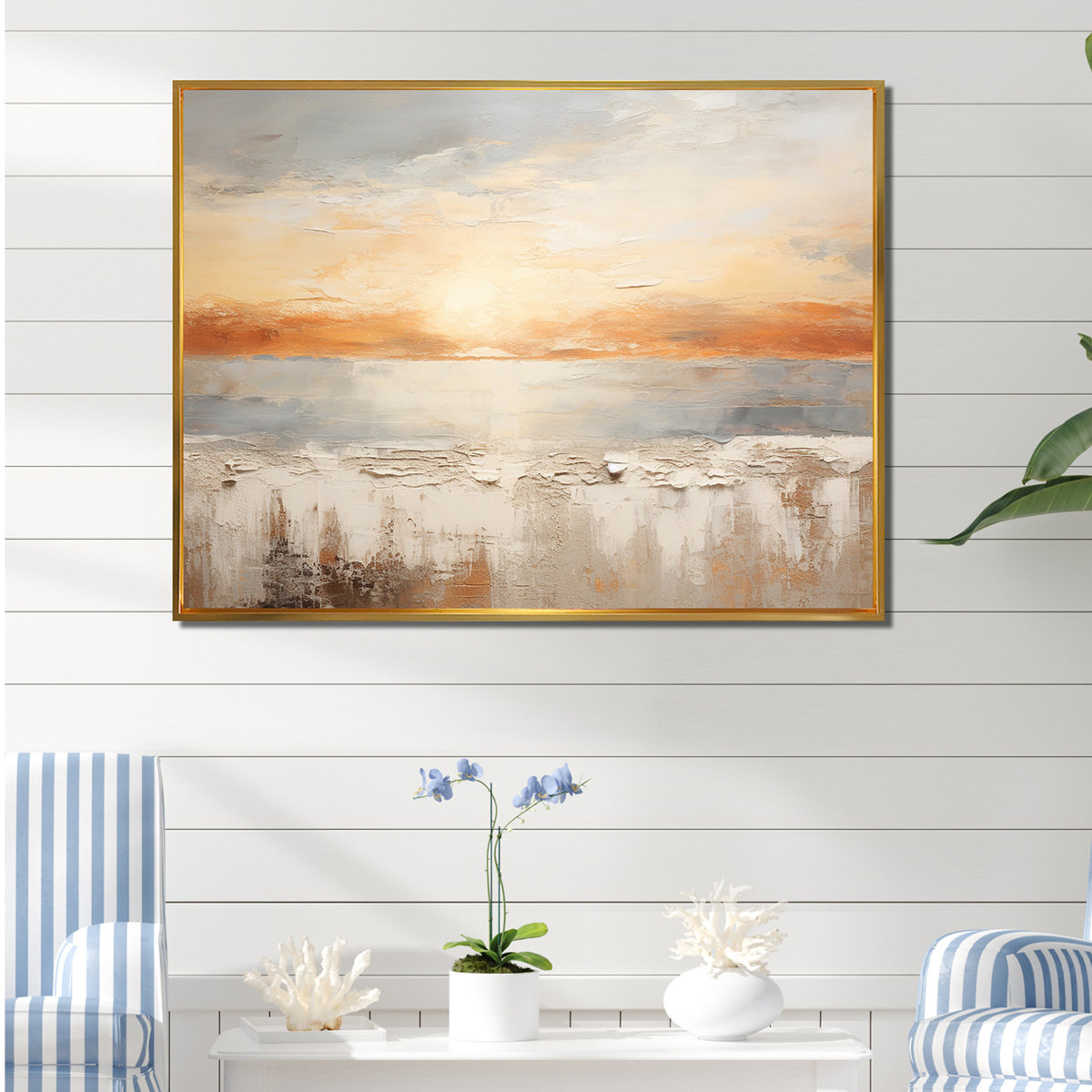 Design Art Beige And Golden Beach Sunset Horizon I - Beach & Ocean Wall ...
