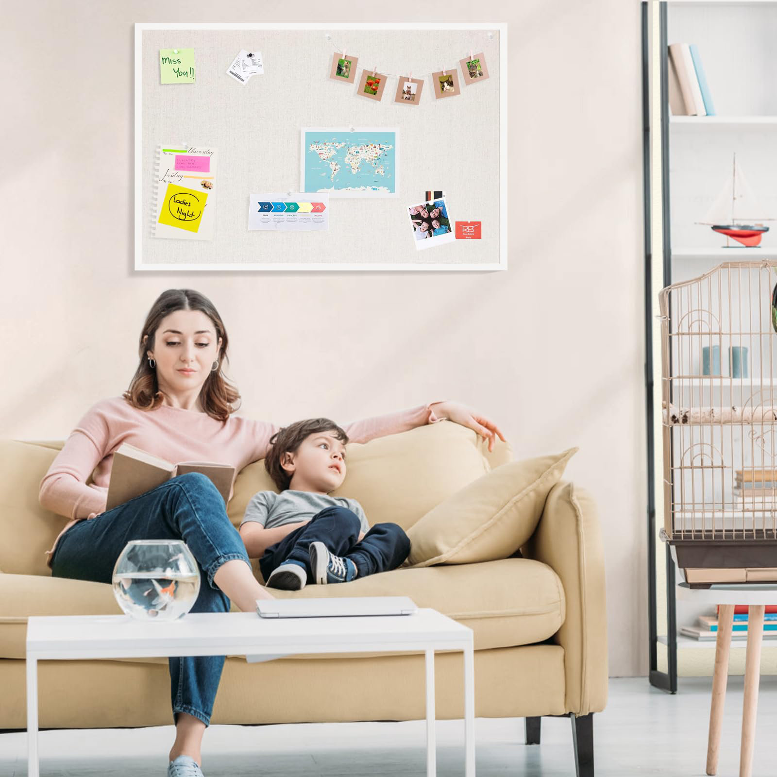 Latitude Run® Linen Bulletin Board, White Framed Corkboard, Oak Frame ...