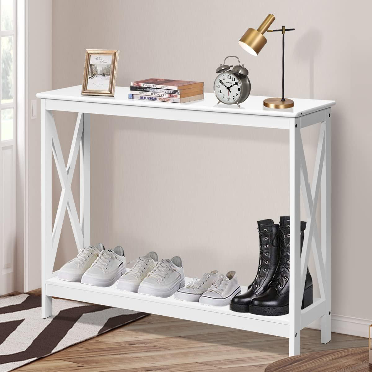 Longshore Tides 39.5'' Sofa Table With 2-Tier Storage Shelf & X-Shaped Design, Wood Behind Couch ...