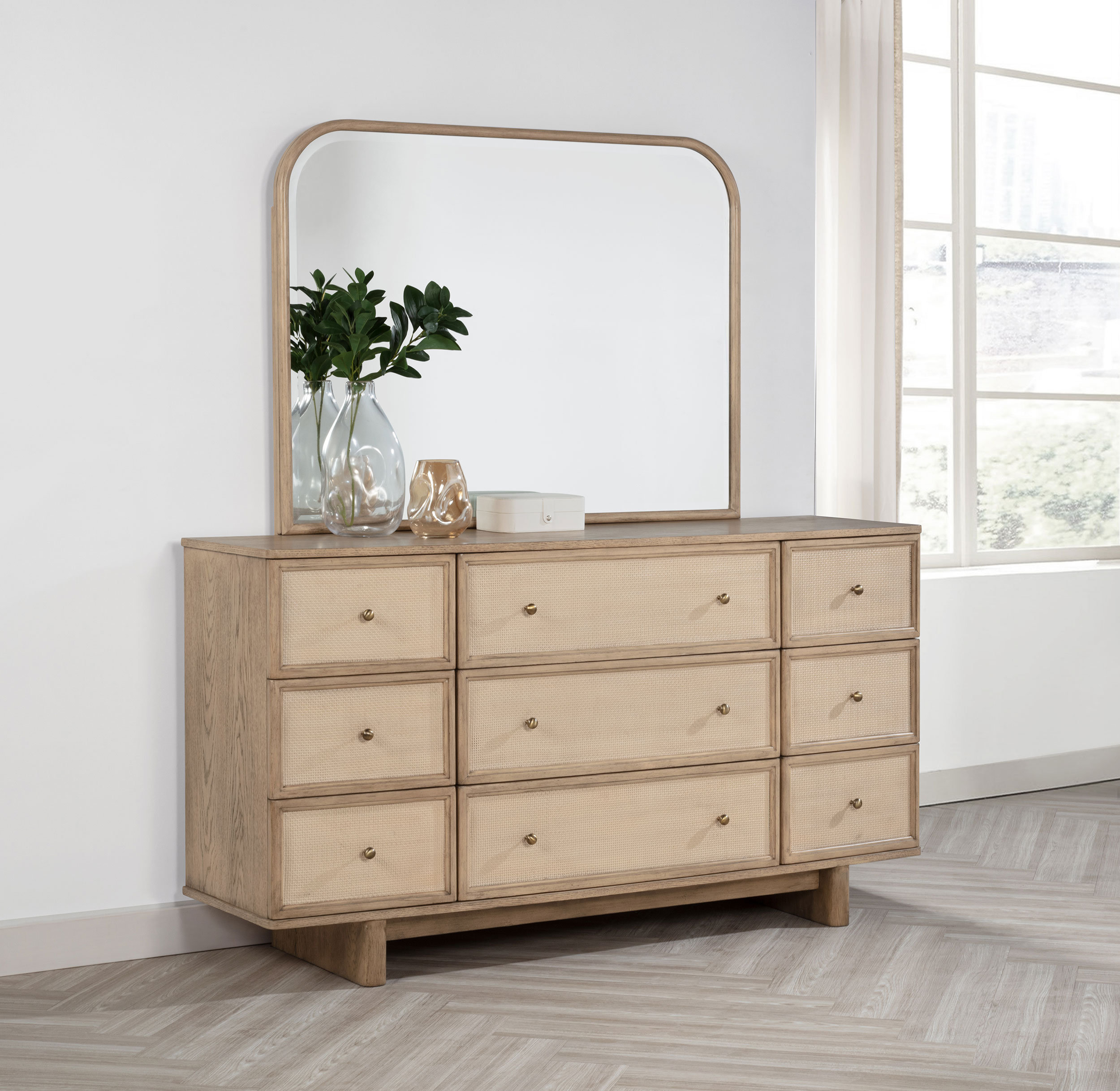 Hokku Designs Kailani 9-Drawer Dresser And Mirror Beige Oak | Wayfair