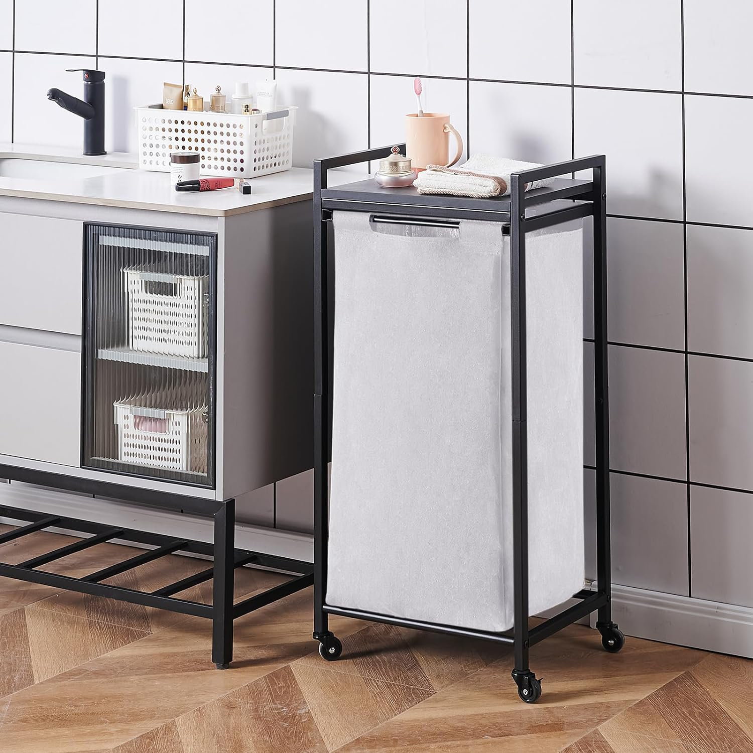 Latitude Run® Rolling Laundry Basket With Shelf | Wayfair