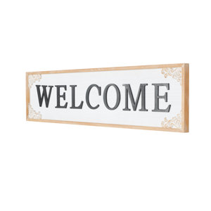 Gracie Oaks Wooden Welcome Sign White Wall Decor with Scroll Details ...