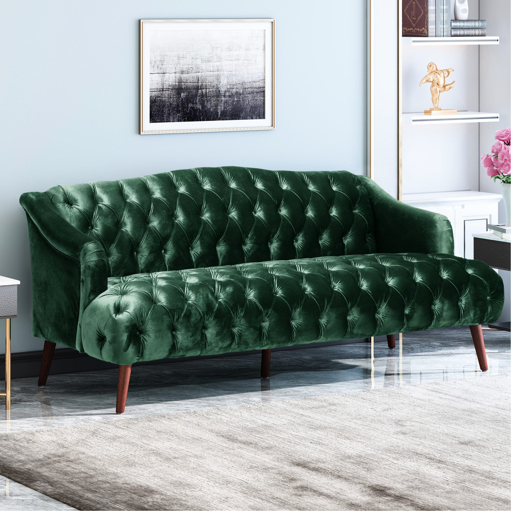 Mercer41 Large 3 Velvet With Birch Legs And Upholstery, Contemporary ...