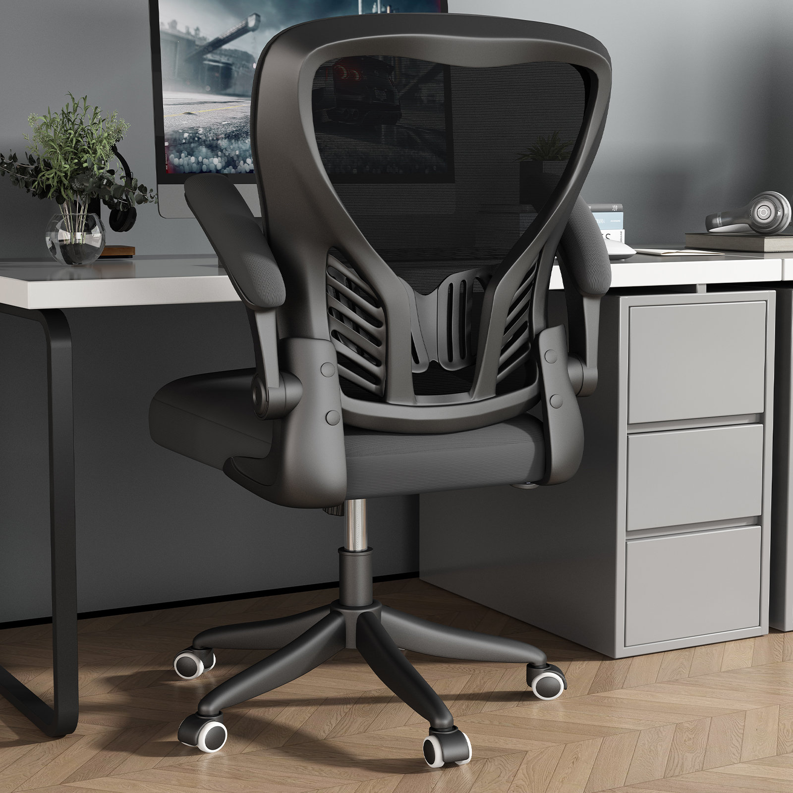 Ninecer Ergonomic Office Chair with Wide Seat and Flip-Up Arms, Comfy ...