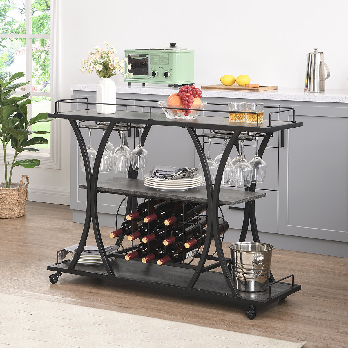 17 Stories Industrial Bar Cart with 3-Tier Storage, Wheels, and Wine ...