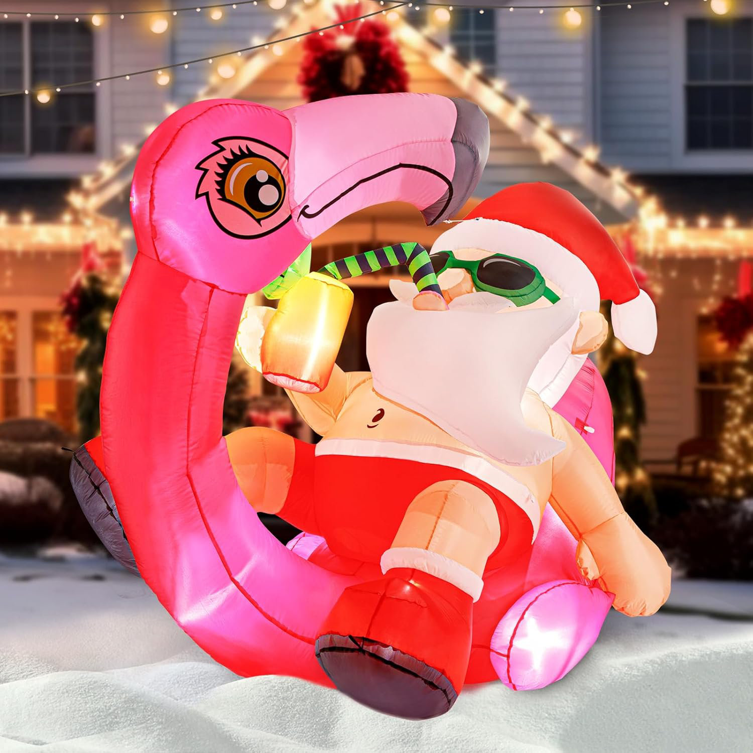 The Holiday Aisle® 7Ft Santa With Flamingo Inflatable, Larger Than Life ...