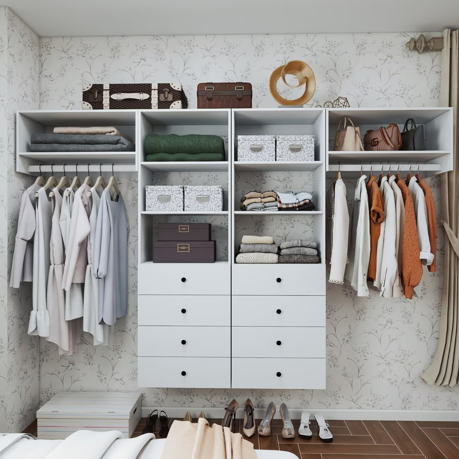 Latitude Run® White Wood Modular Closet Organizer System with 2 rods,8 ...