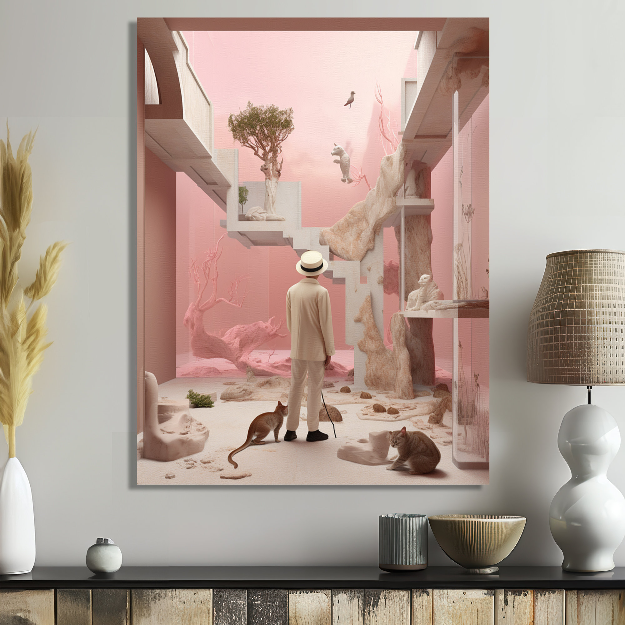 Ebern Designs Artist Portrait White Hat And Cats - Man Wall Art Decor ...