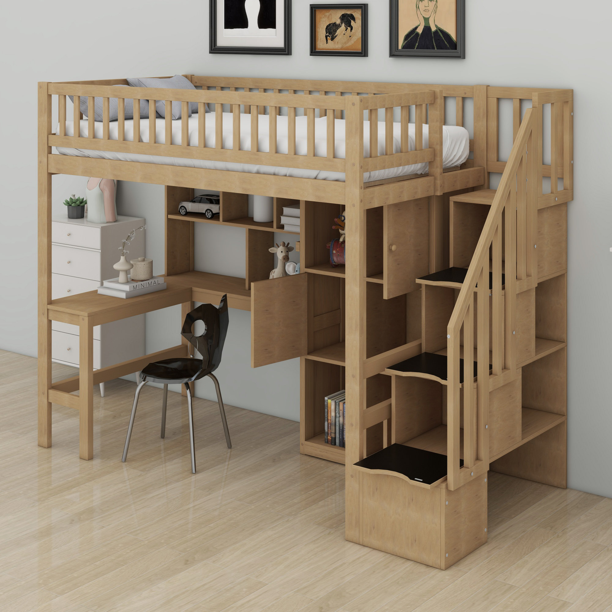 Latitude Run® Wood Loft Bed With Built-In Desk, LED, Storage Shelves ...